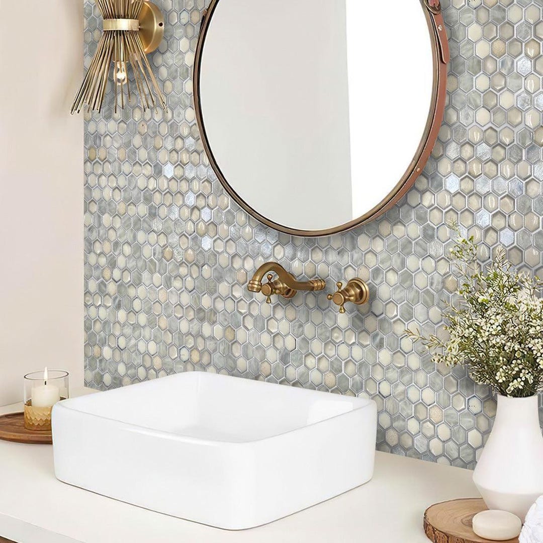 Gray White 11x11 Glossy Matte Hexagon Glass Ceramic Mosaic Tile (10 ...
