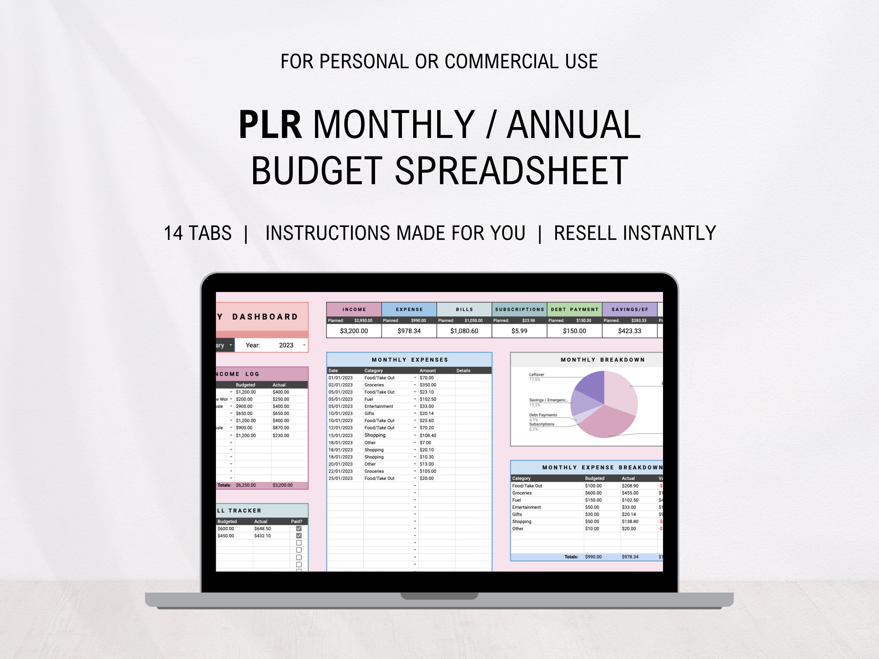 PLR Monthly Budget Spreadsheet You Can Resell Annual Yearly Spreadsheet ...