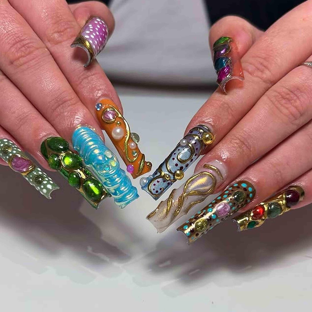 Futuristic Jewel Press on Nails | 3D Metallic & Gemstone Nail Art ...
