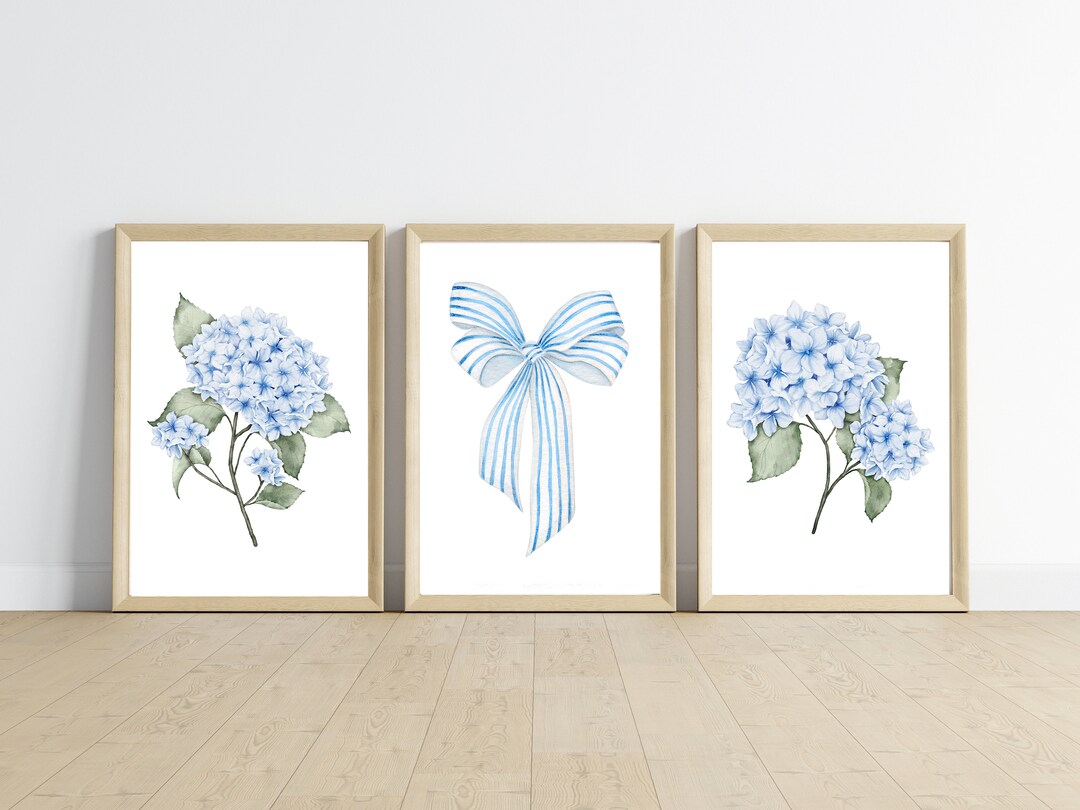 Blue Hydrangea Coastal Bow Coquette Prints | Set of 3 | Preppy ...