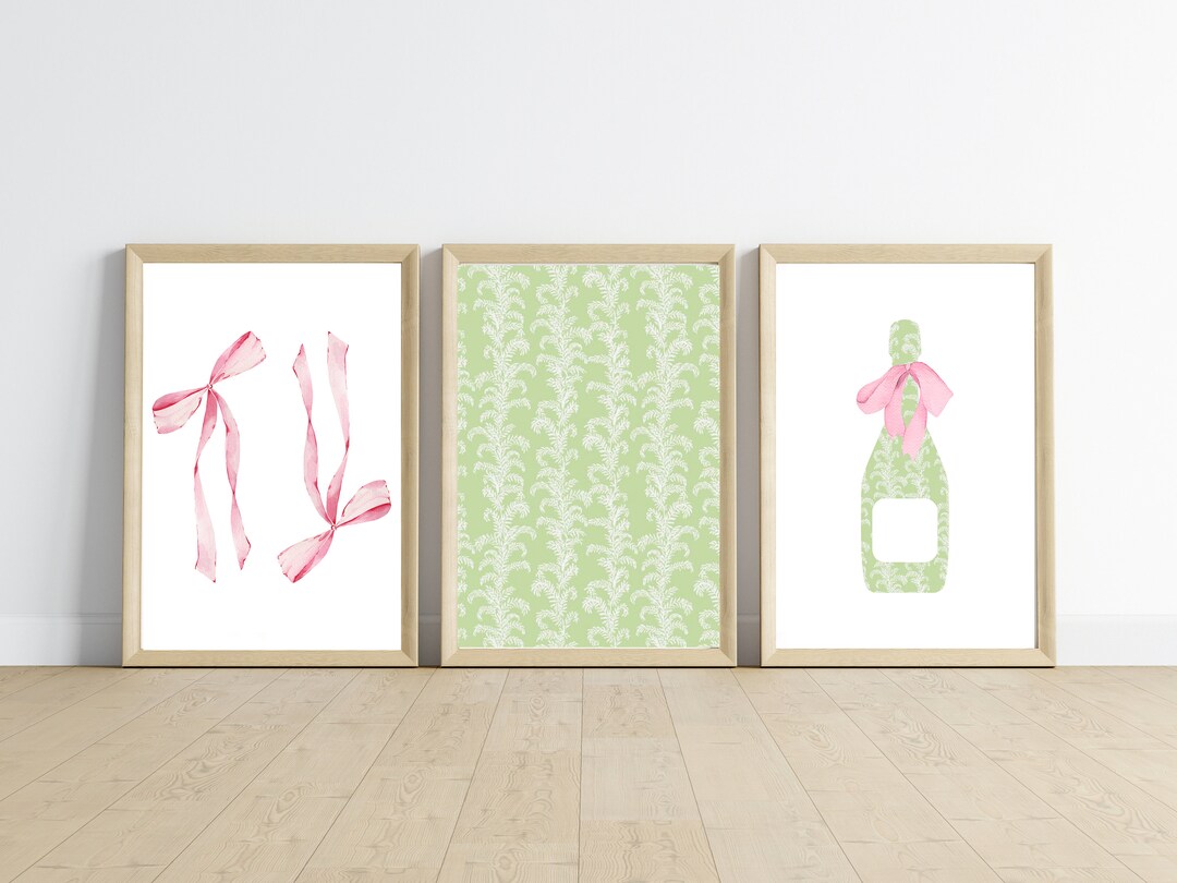 Floral Champagne Prints: Green & Pink Bow Wall Art (set of 3) (digital ...