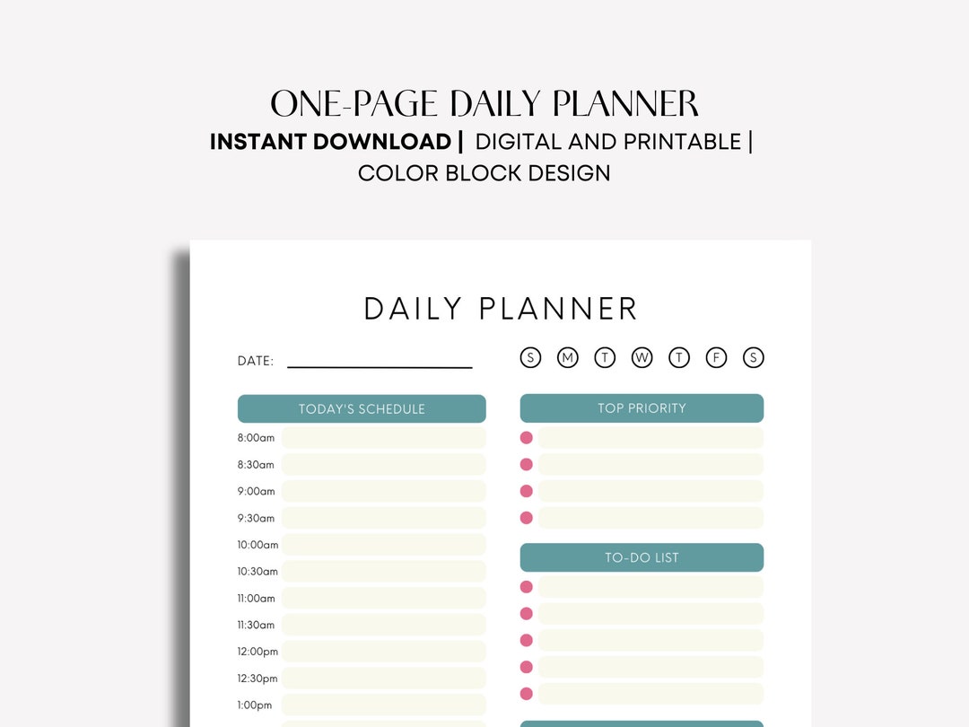 One-page Digital and Printable Daily Planner, Instant Download Daily ...