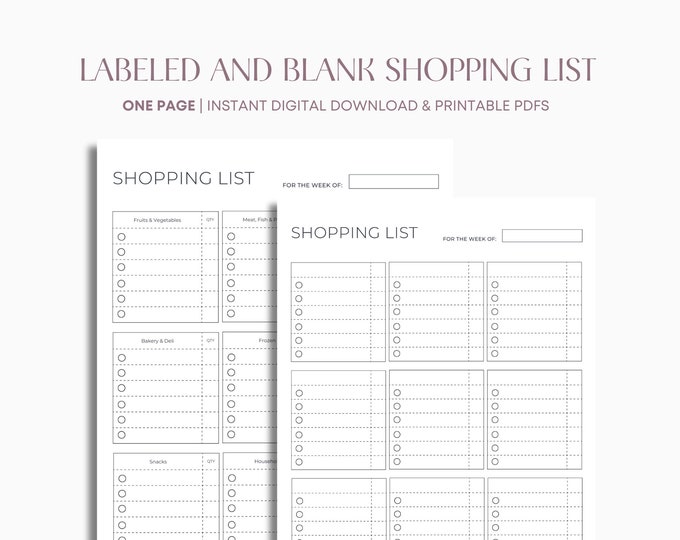One Page Digital Shopping List, Printable Shopping List, Simple Labeled ...