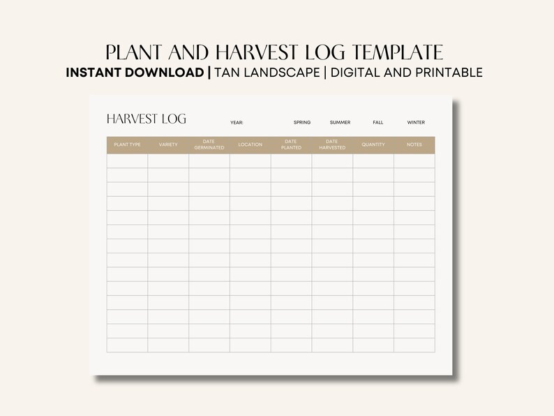 Digital Plant and Harvest Log Tan Template Gardening Tracker - Etsy
