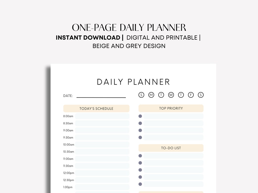One-page Digital and Printable Daily Planner, Instant Download Daily ...