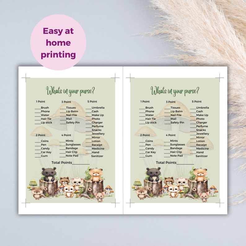 Whats in Your Purse Baby Shower Game, Whats in Your Bag, Forest Animals ...