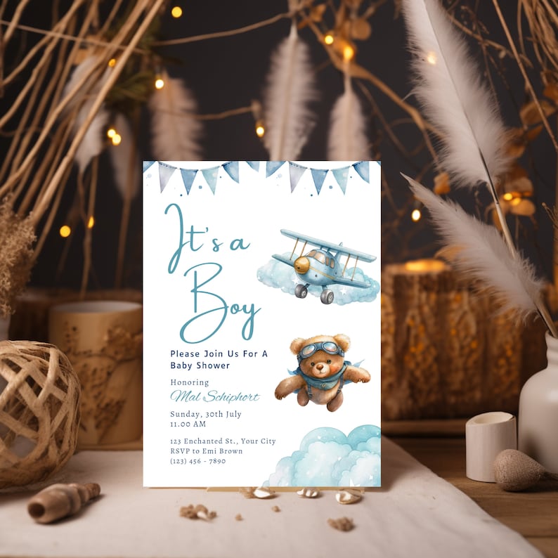 It's a Boy Teddy Bear Baby Shower Invitation Blue flying - Etsy