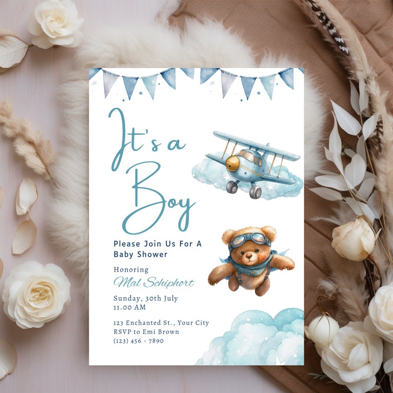 It's a Boy Teddy Bear Baby Shower Invitation Blue flying - Etsy