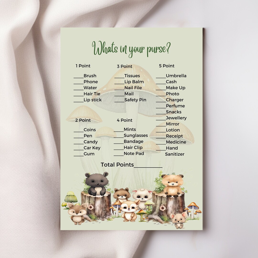 Whats in Your Purse Baby Shower Game, Whats in Your Bag, Forest Animals ...