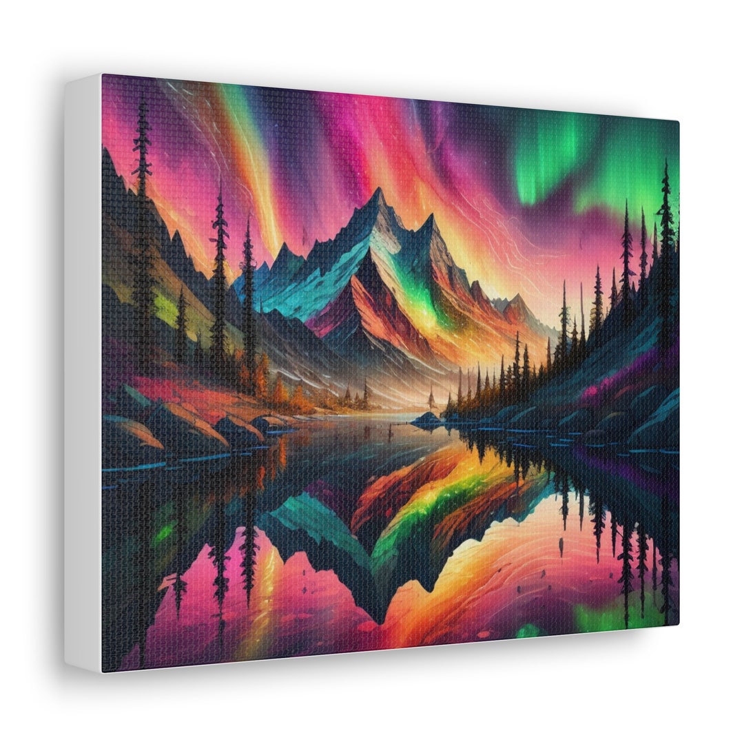 Canvas Vibrant Northern Lights Mountains River - Etsy