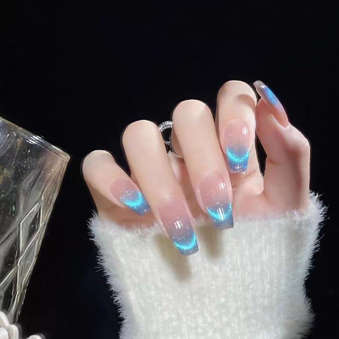 Moon Cat Eye Nails Crushed Diamond Cat Eye Nails Blue - Etsy
