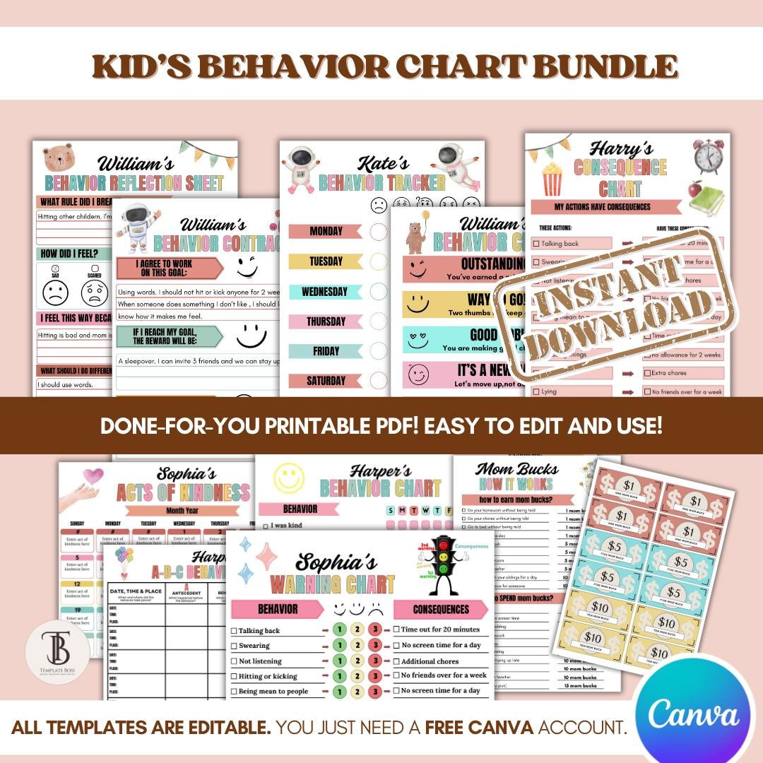 Canva Editable Kids Behavior Chart Bundle, Reward Tracker and More (PDF ...