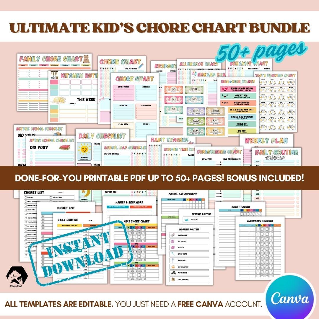 Canva Editable Kids Chore Charts, Reward, Allowance, Screen Time ...