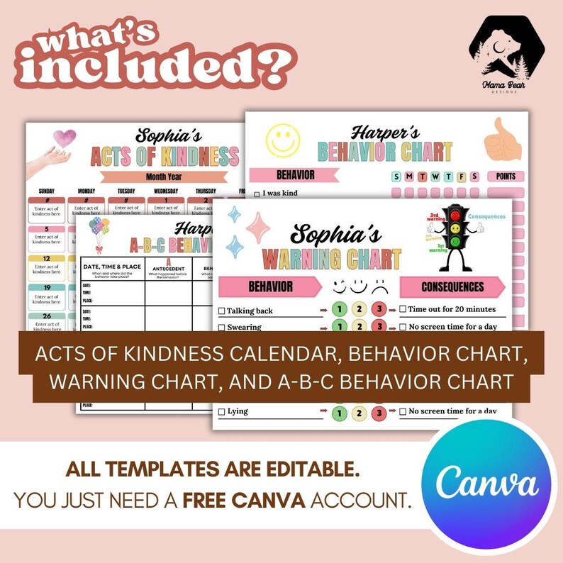 Canva Editable Kids Behavior Charts, Acts of Kindness Calendar, Warning ...