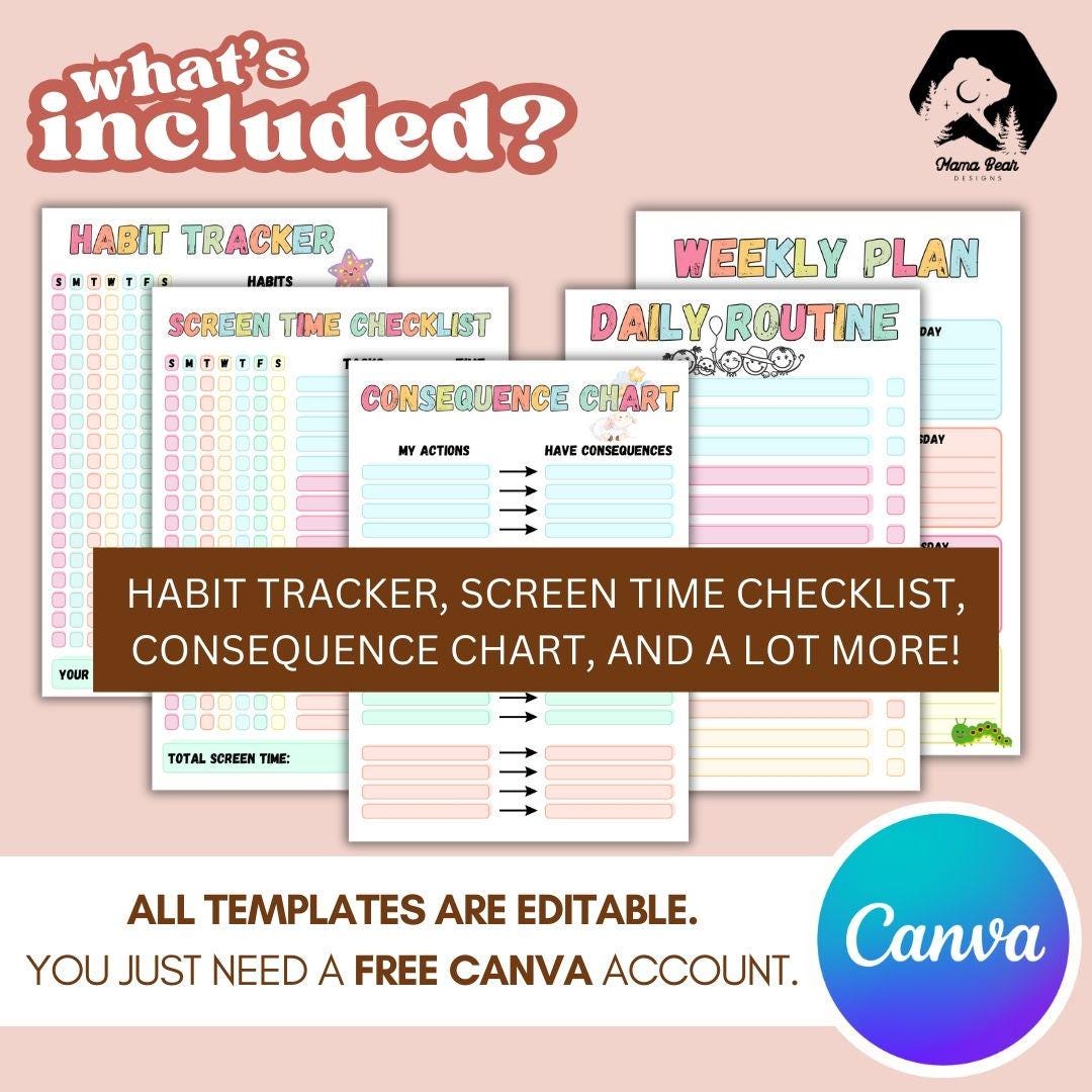 Canva Editable Kids Chore Charts, Reward, Allowance, Screen Time ...