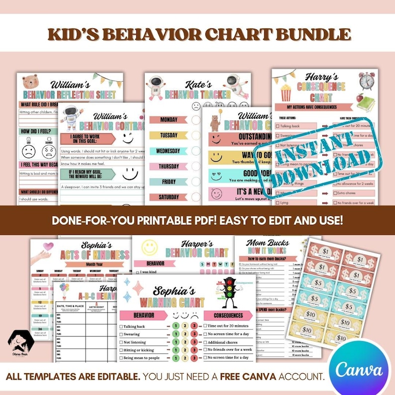 Canva Editable Kids Behavior Charts, Acts of Kindness Calendar, Warning ...