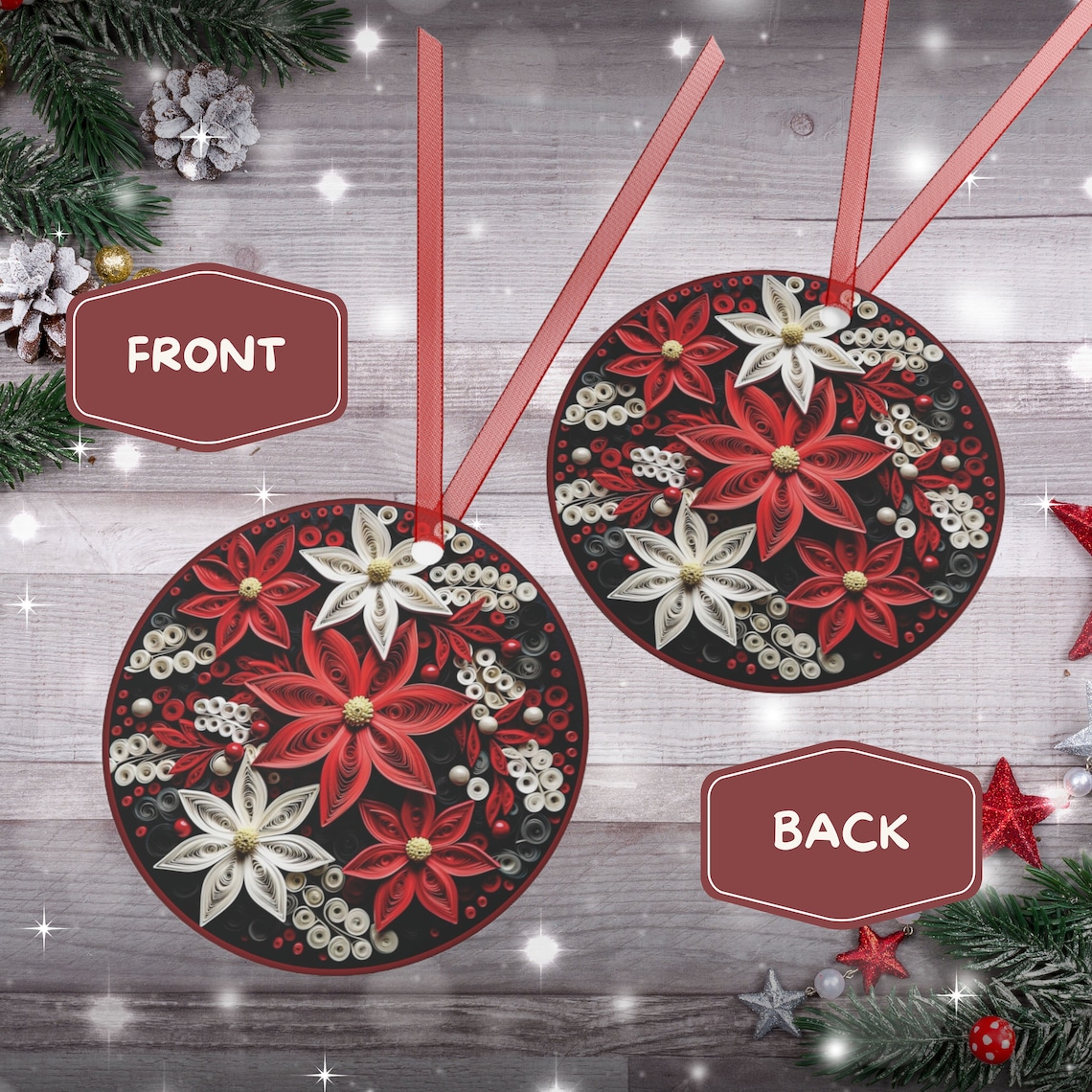 Flower Christmas Tree Ornament, Two Sided Quilling Style Metal Holiday ...