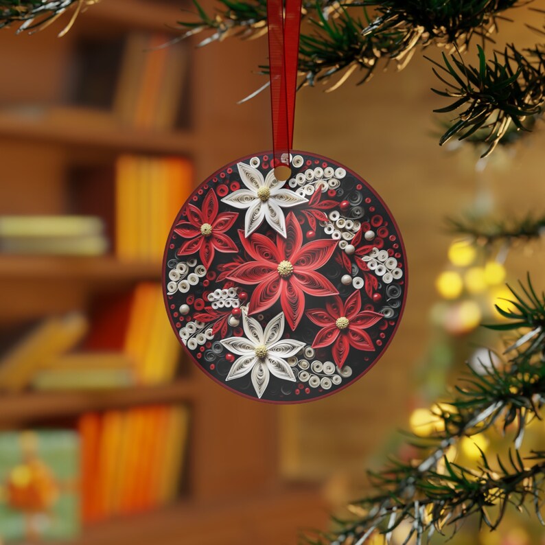 Flower Christmas Tree Ornament, Two Sided Quilling Style Metal Holiday ...