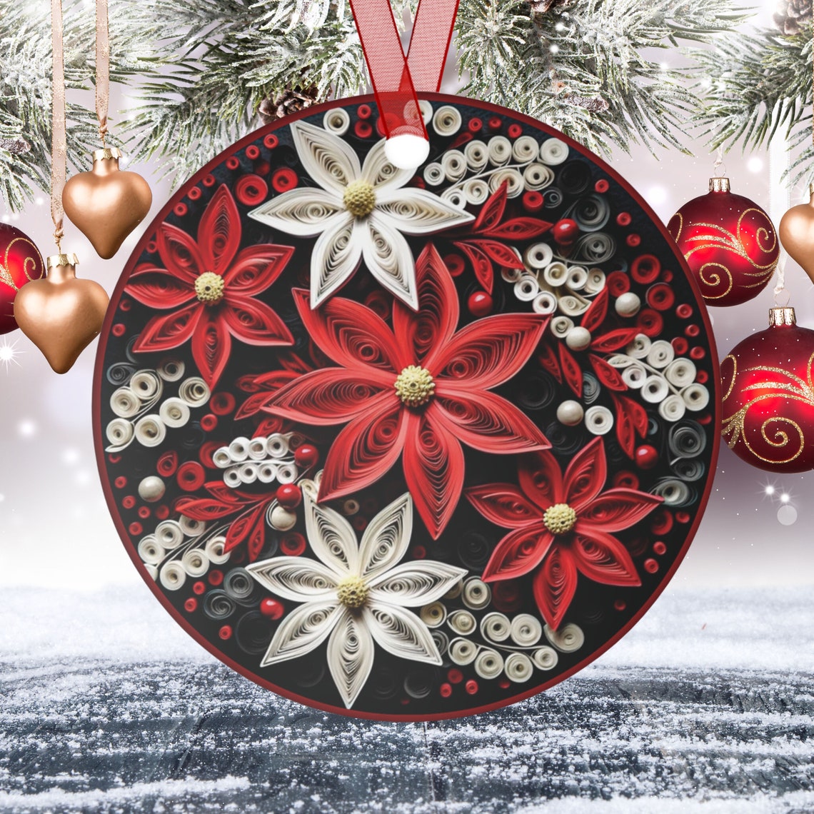 Flower Christmas Tree Ornament, Two Sided Quilling Style Metal Holiday ...