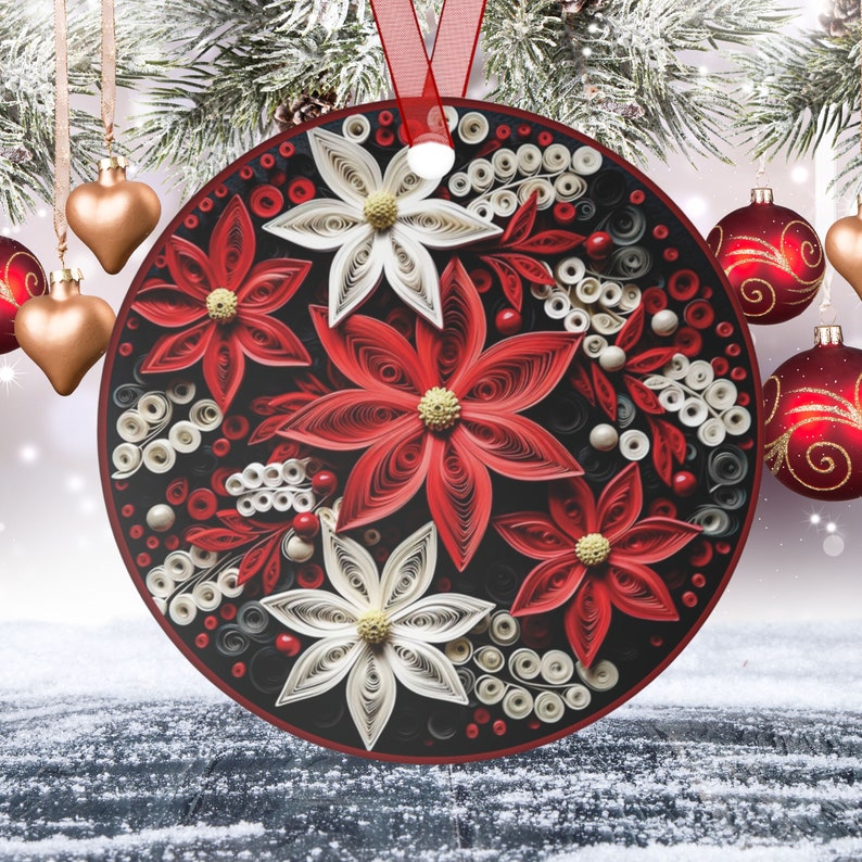 Flower Christmas Tree Ornament, Two Sided Quilling Style Metal Holiday ...