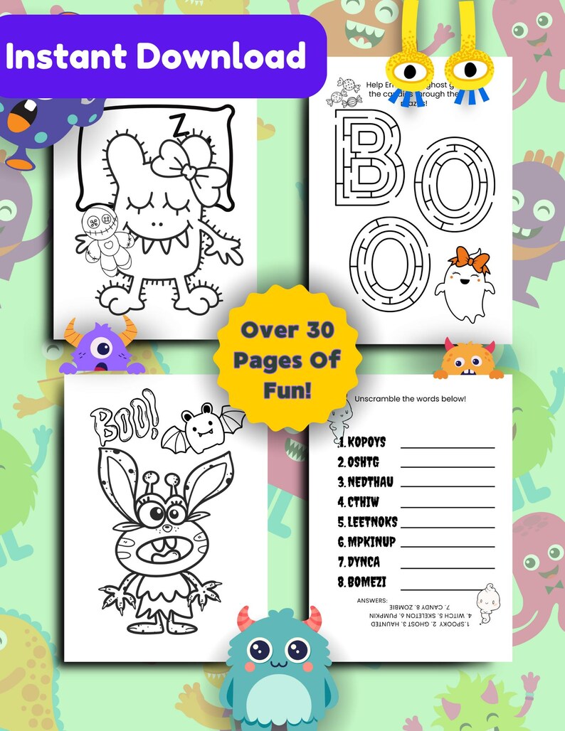 Simple Instant Printable Halloween Monster Coloring & Activity Pages ...