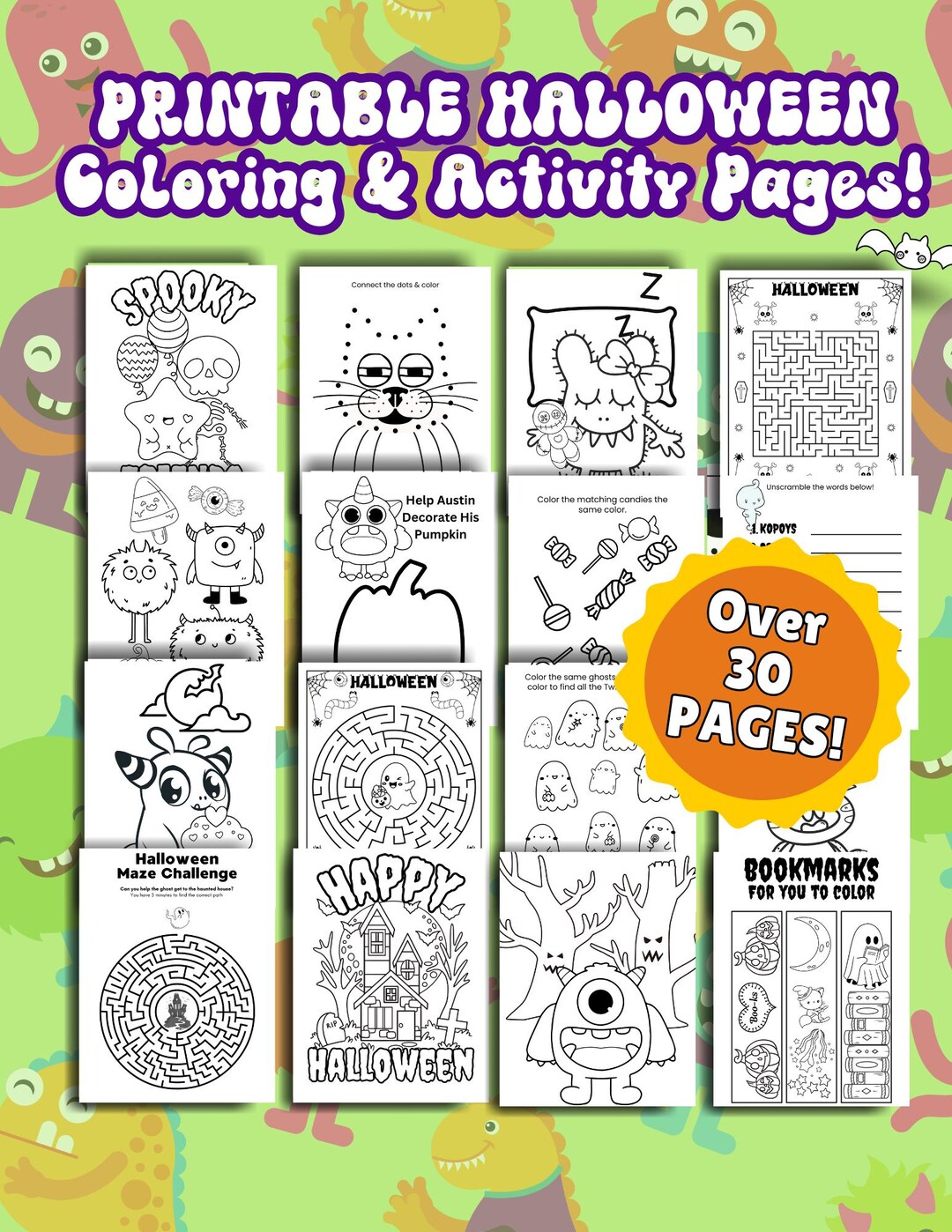Simple Instant Printable Halloween Monster Coloring & Activity Pages ...