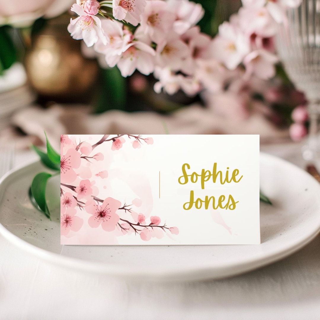 Cherry Blossom Name Card Template, Floral Design, Greenery Place Card ...