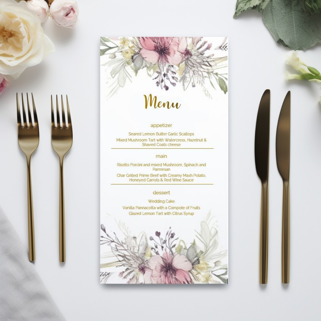 Floral Menu Template, Greenery Wedding Menu, Event Menu, Modern Script ...