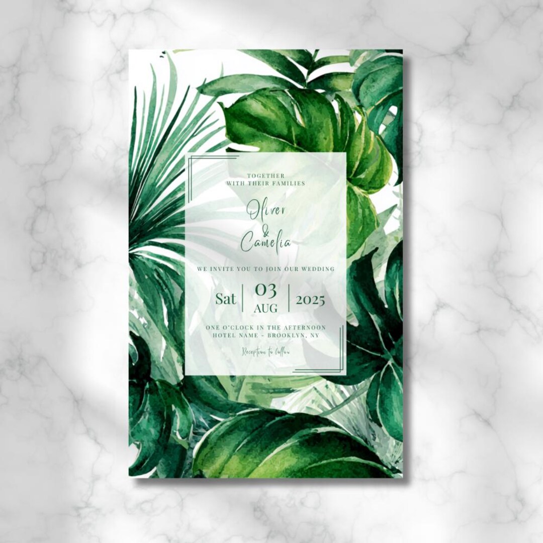Green Monstera Invitation Template, Editable Customizable, Wedding ...