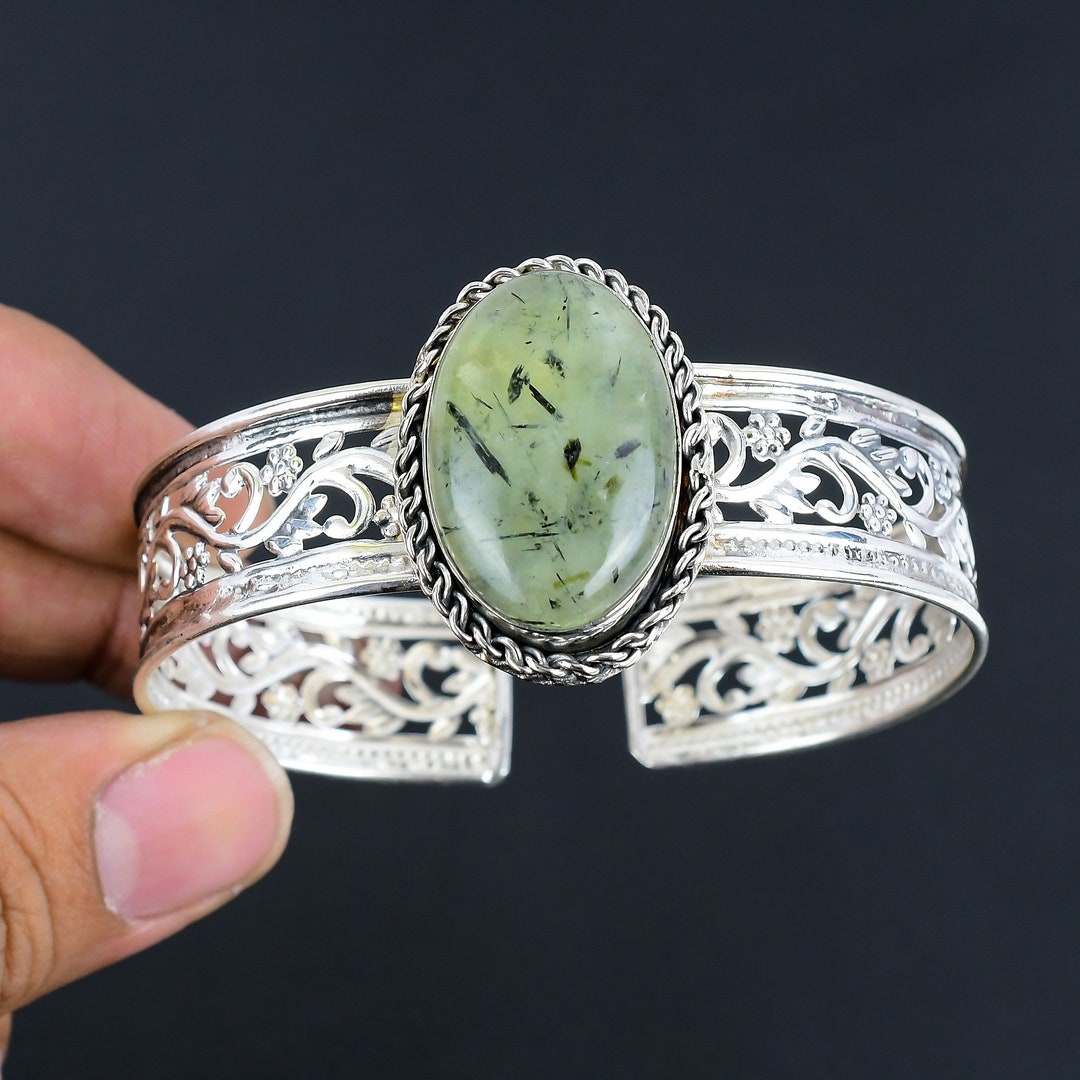 Handmade Moss Prehnite Cuff: Adjustable 925 Sterling Silver Bangle - Etsy