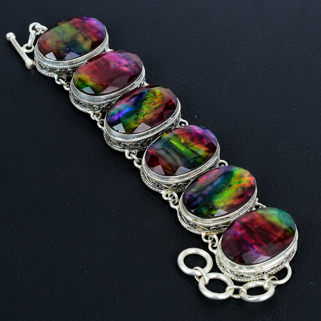 Faceted Ammolite Bracelet Handmade Gemstone Bracelet 925 Sterling ...