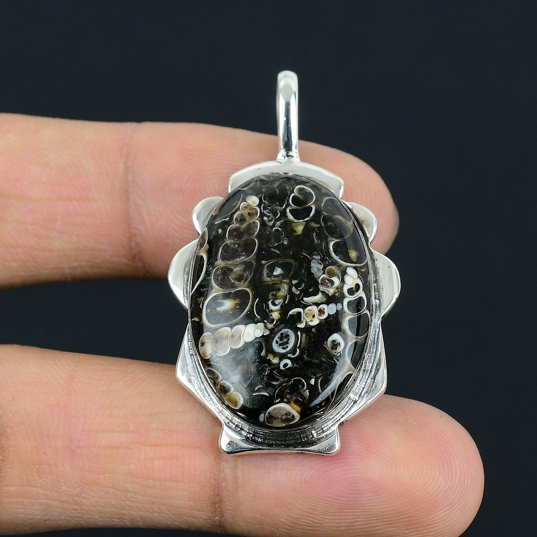 Turritella Agate Pendant Genuine Gemstone Pendant 925 Sterling Silver ...