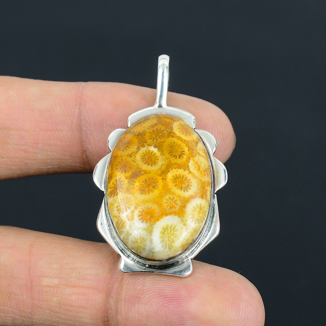 Fossil Coral Pendant Natural Gemstone Pendant 925 Sterling Silver ...