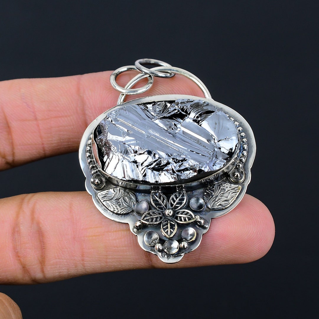 Handmade Shungite Rough Gemstone Pendant: 925 Sterling Silver Flower ...