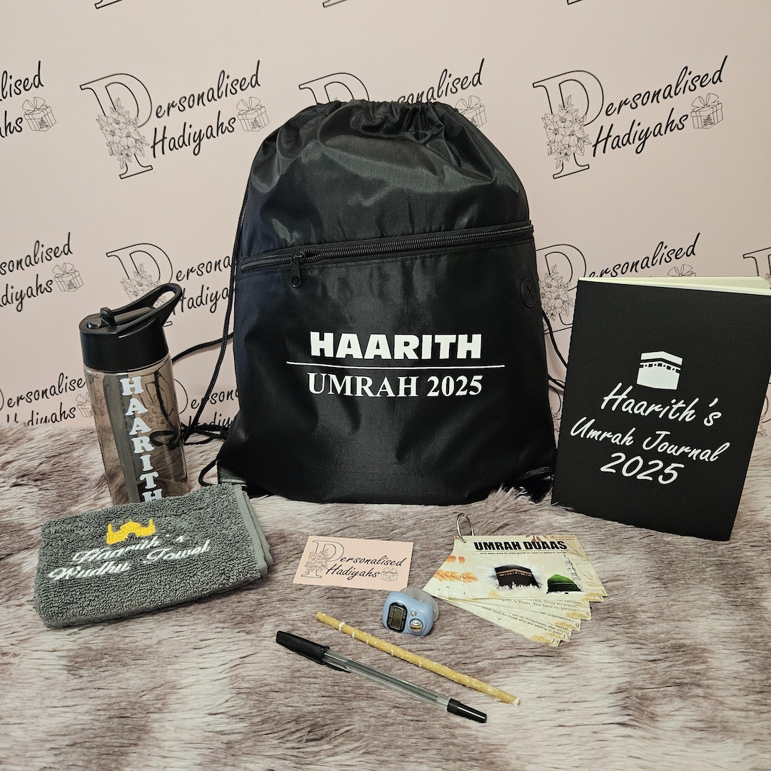Personalised Umrah Carry Pack Bags With Duaa Cards Set + Lanyard Water ...