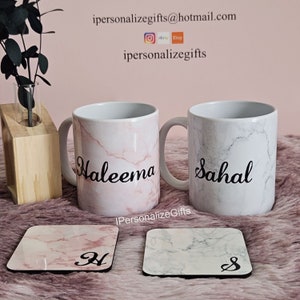 NEW Personalised Mugs With Marble Effect Gift Set Arabic English Name ...
