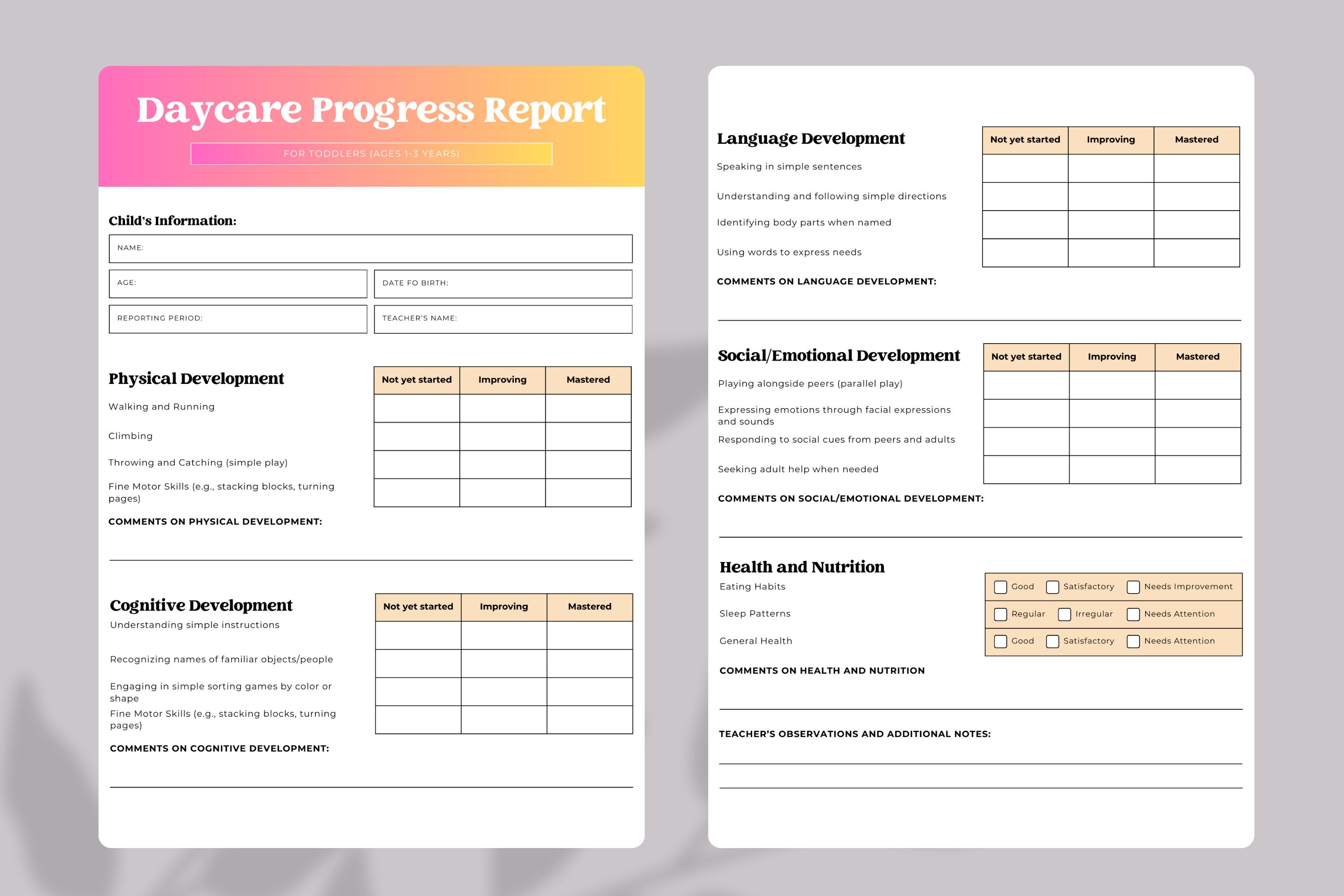 Daycare Progress Report, Preschool Assessment Forms, Childcare Form ...