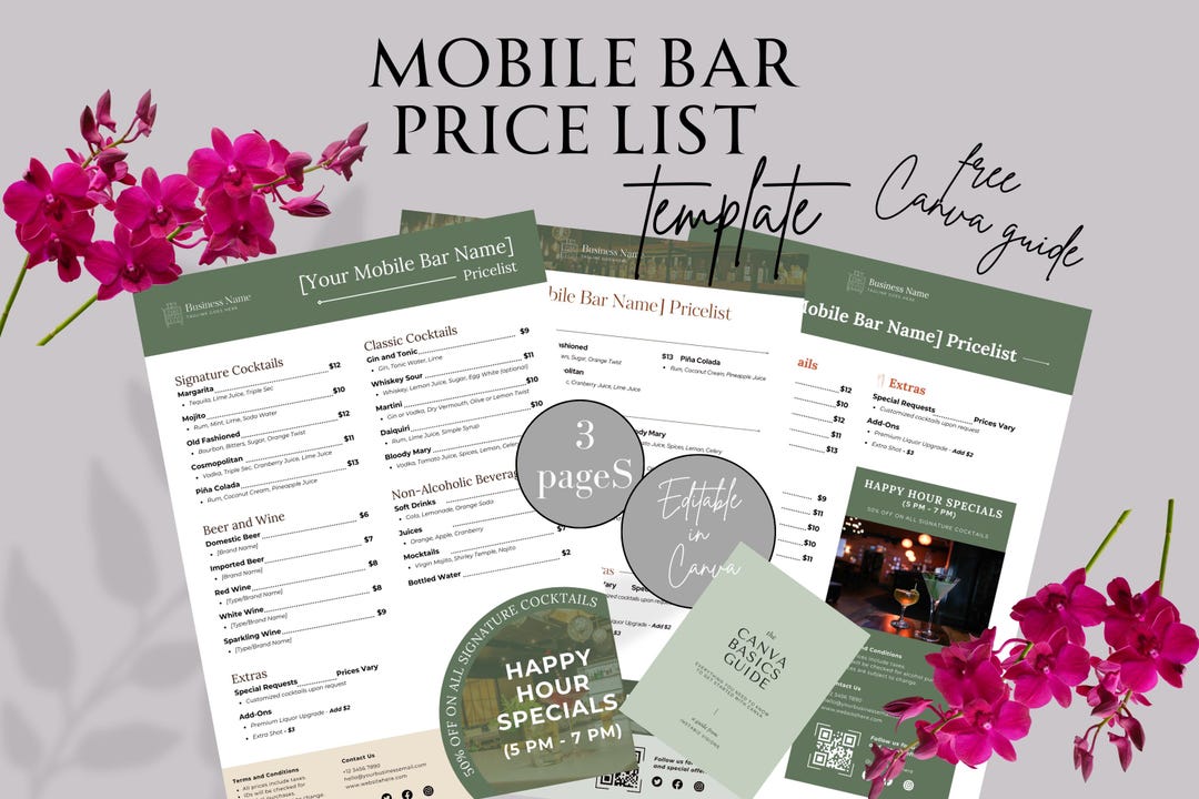 Mobile Bar Pricing Template, Mobile Bar Price List, Canva Template, Bar ...