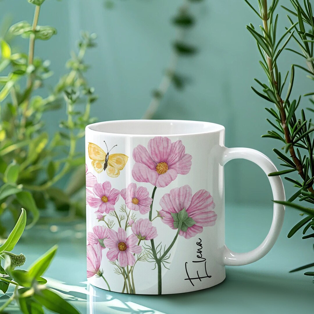 Personalized Birth Flower Mug October Birthday Gift Cosmos Floral ...
