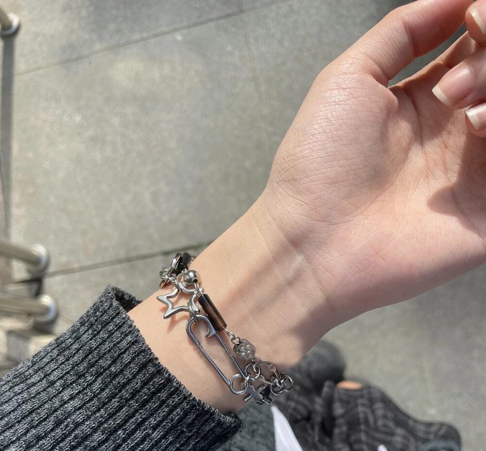 Cool Sliver Chain Bracelet,paper Clip,star,bead,cross,buttons Charm ...