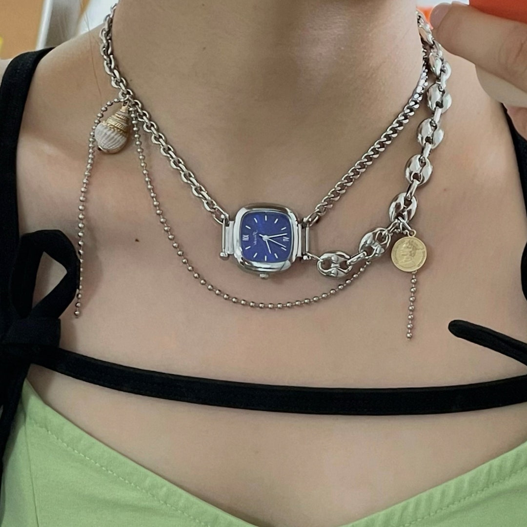 Y2k Chain Necklace,watch Necklace Grunge Necklace,clock Funky Watch ...