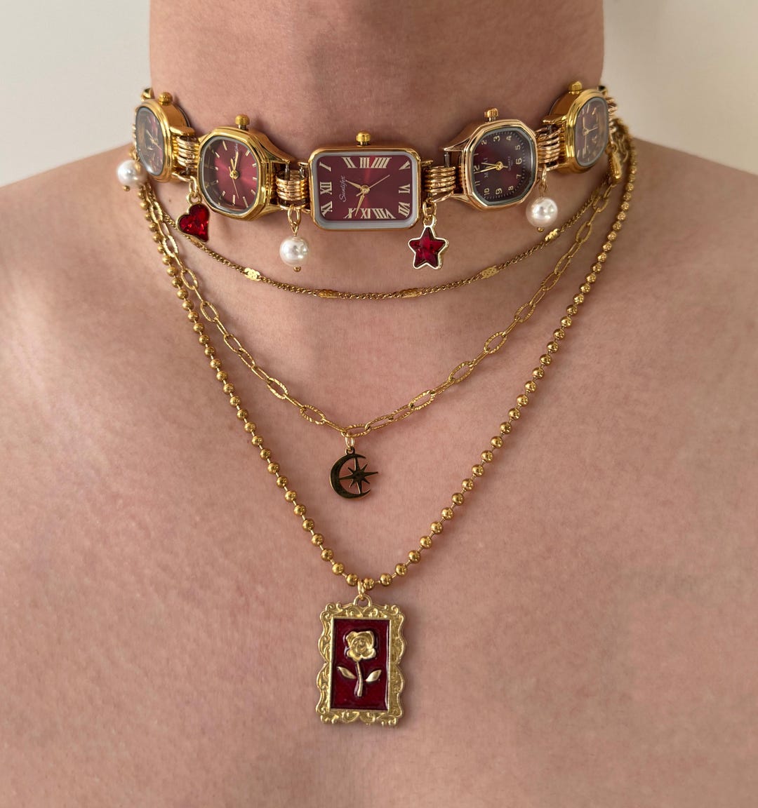 Red Watch Choker Necklace,vintage Clock Choker With Layered Chain,punk ...