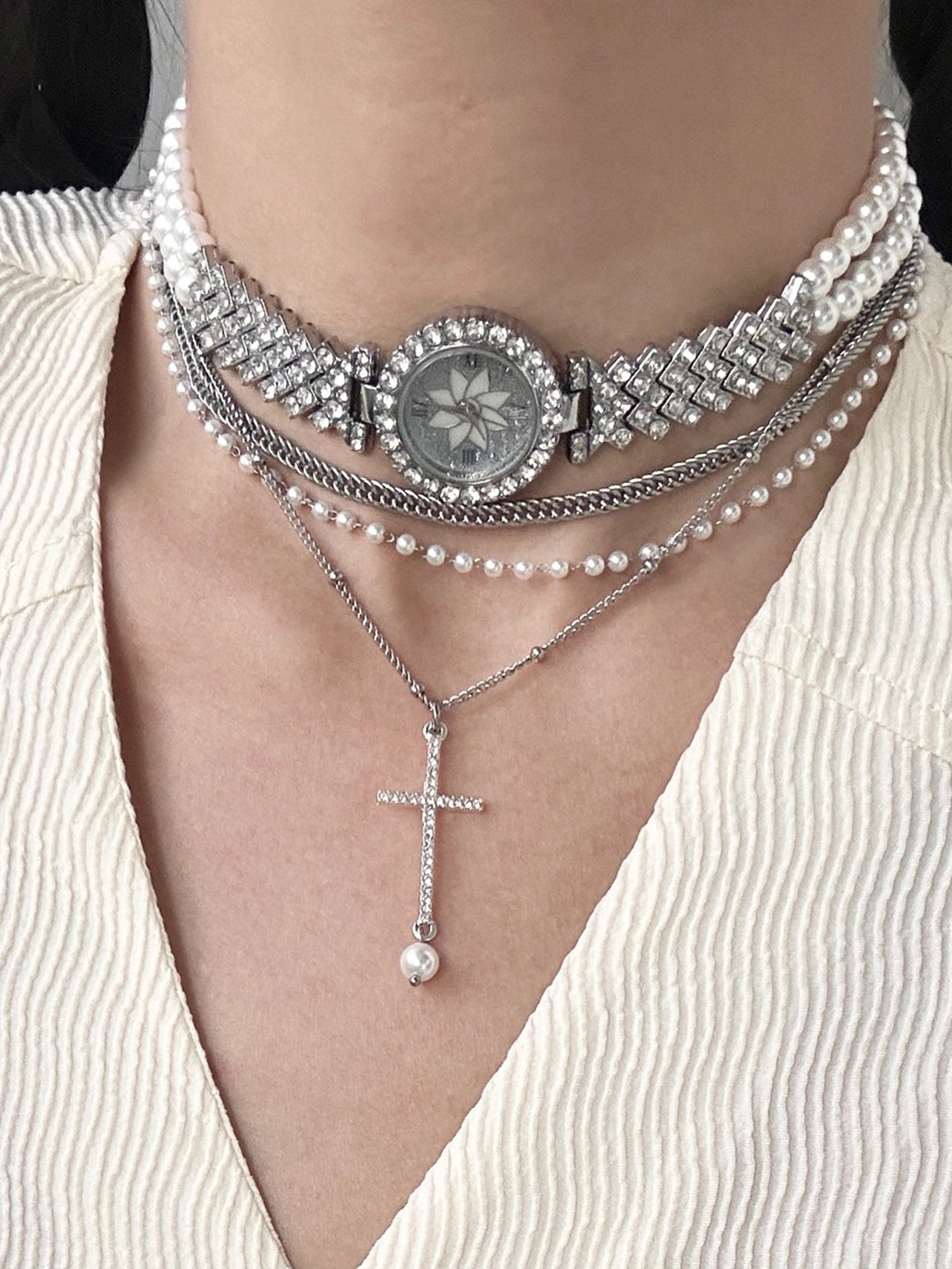 Diamond Watch Necklace,multi-layer Clock Necklace,pearl Necklace,grunge ...