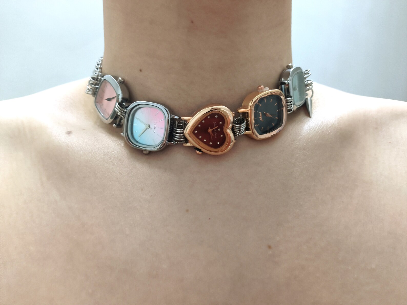 Five Different Watch Faces Choker Necklace,unique Clock Necklace,heart ...