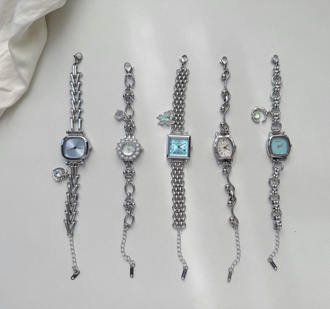 Delicate Silver Chain Watch,custom Vintage Square Dial Bracelet, Blue ...