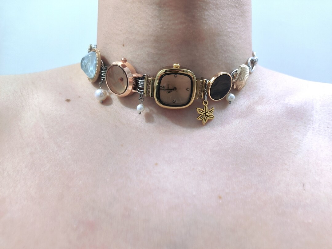 Asymmetric Watch Faces Choker Necklace,button Bead Choker Jewelry ...