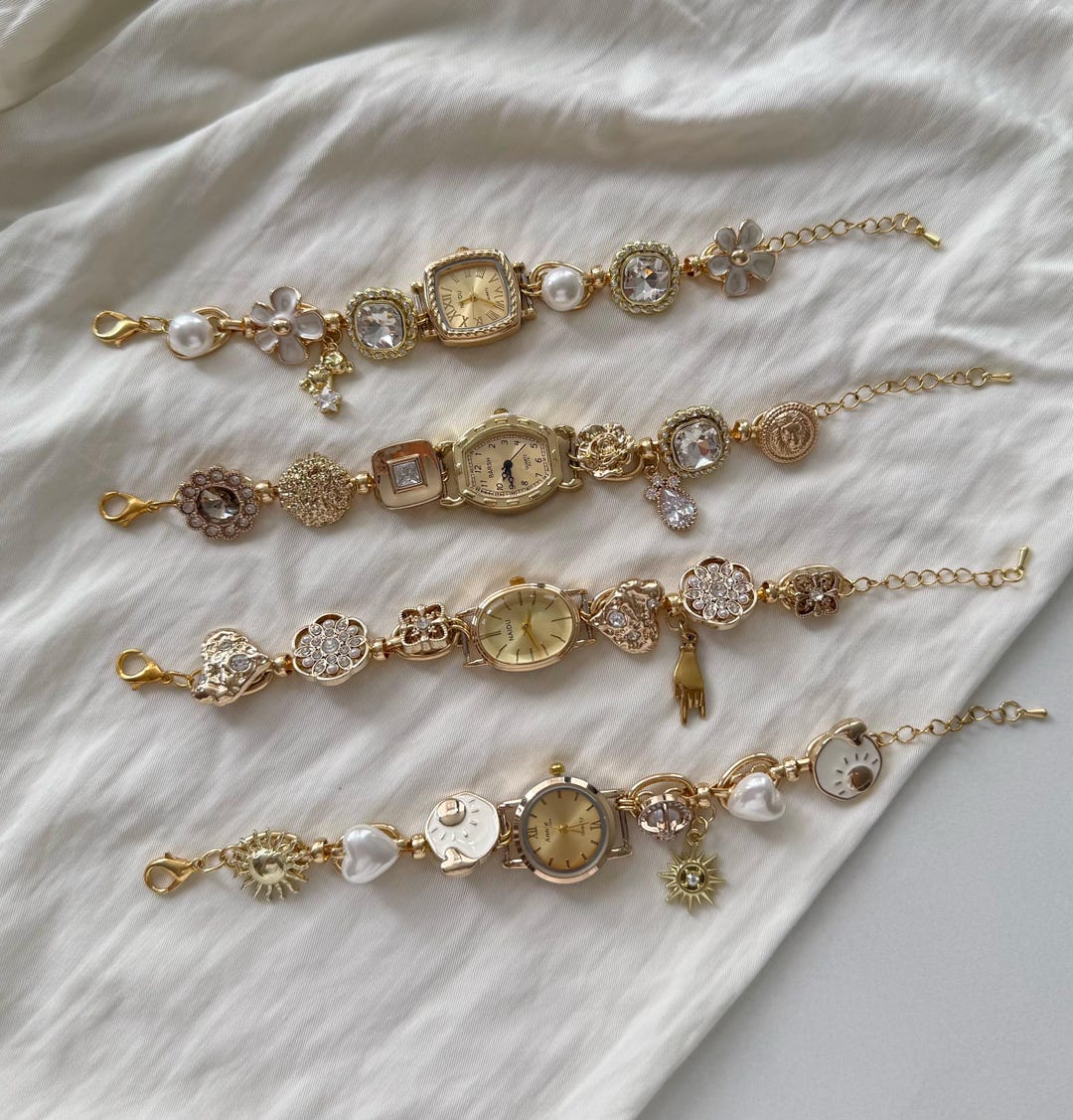 Retro Charms Watch Bracelet,gold Plated Pearl & Bead Charms Jewelry ...