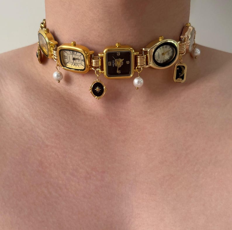 Black Watch Choker Necklace,vintage Clock Choker With Layered Chainpunk ...
