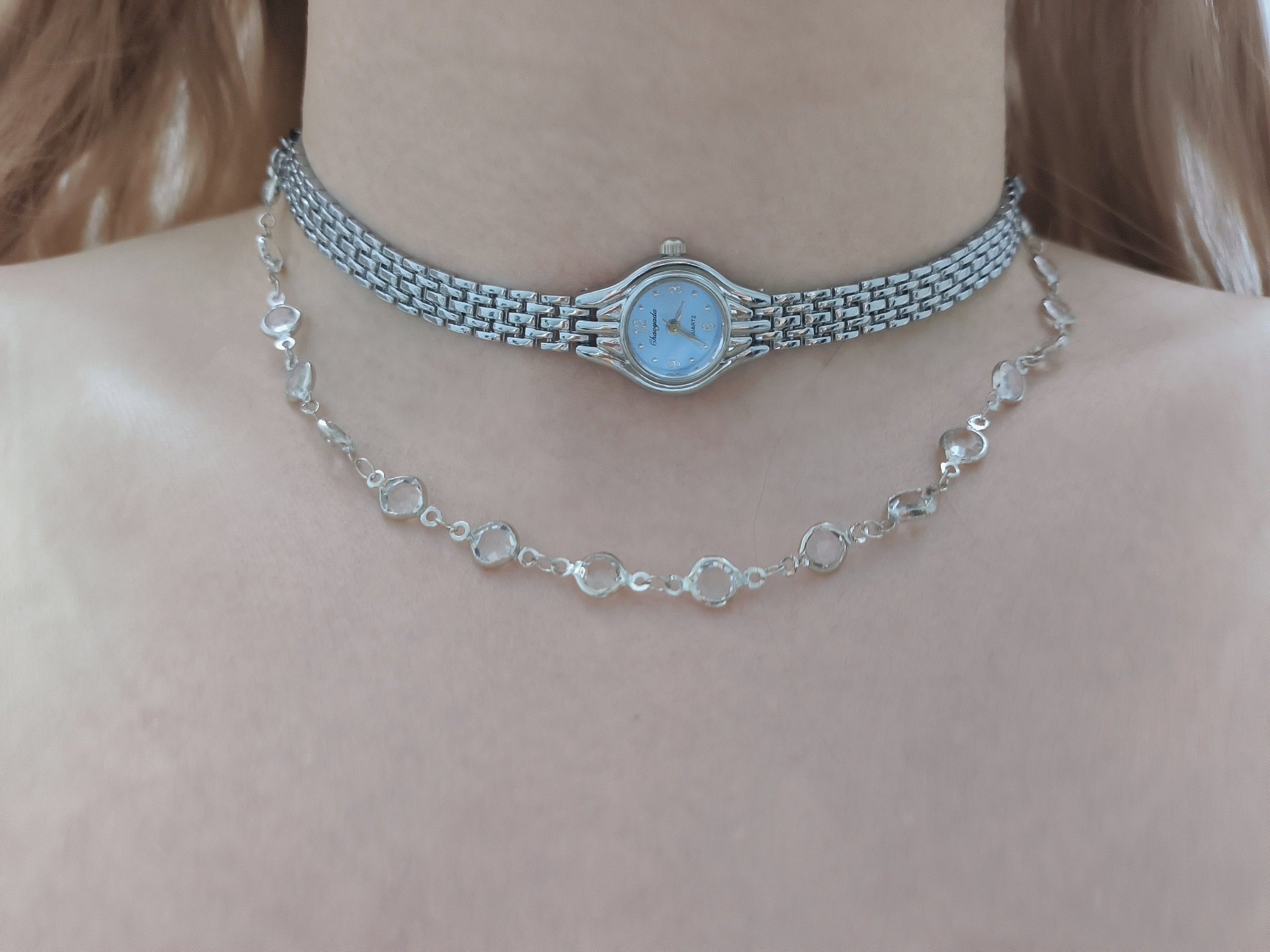 Sliver Chain Watch Choker Neckalce,blue/red Watch Face Clock Choker ...