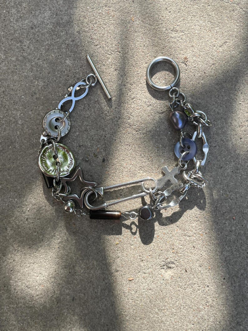 Cool Sliver Chain Bracelet,paper Clip,star,bead,cross,buttons Charm ...